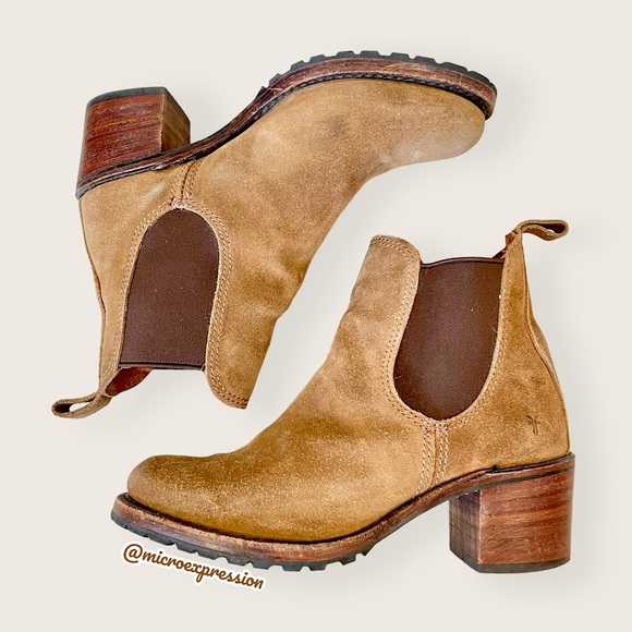 Frye | Shoes | Frye Sabrina Chelsea Tanbrown Suede Moto Block Heel Pull ...